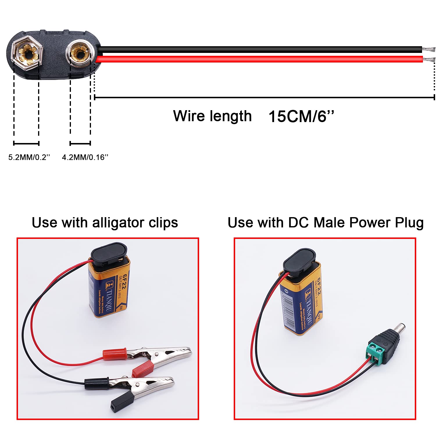 TWTADE 10 Pcs 9V I Type Battery Connector Leads + 2 x 2.1mm X 5.5mm DC Power Male Plug +2 Pair Alligator Clips I-023