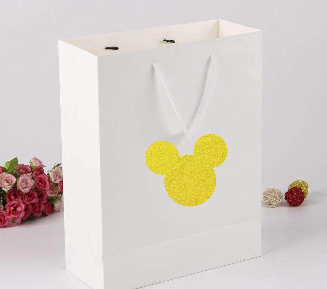2.38 x 2 inch Glitter Mickey a Birthday Minnie Sticker Metallic Foil Mickey a Mouse Head Ear Labels for Parties-100 Pack (Color B)