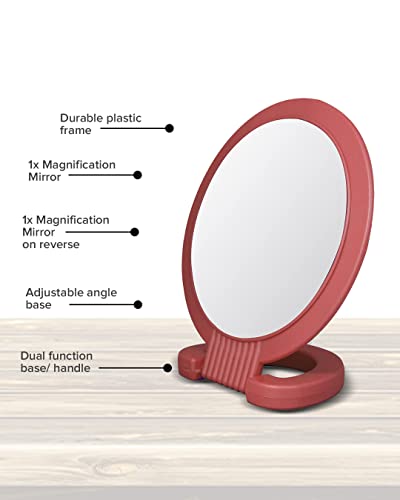 Double Sided Magnifying Mirror - Vanity Round Makeup Mirror with 1x and 5x Magnification - Mirror Stand with Adjustable Handle - Light, Compact Mirror - Portable, Standing Mirror for Travel (Red)