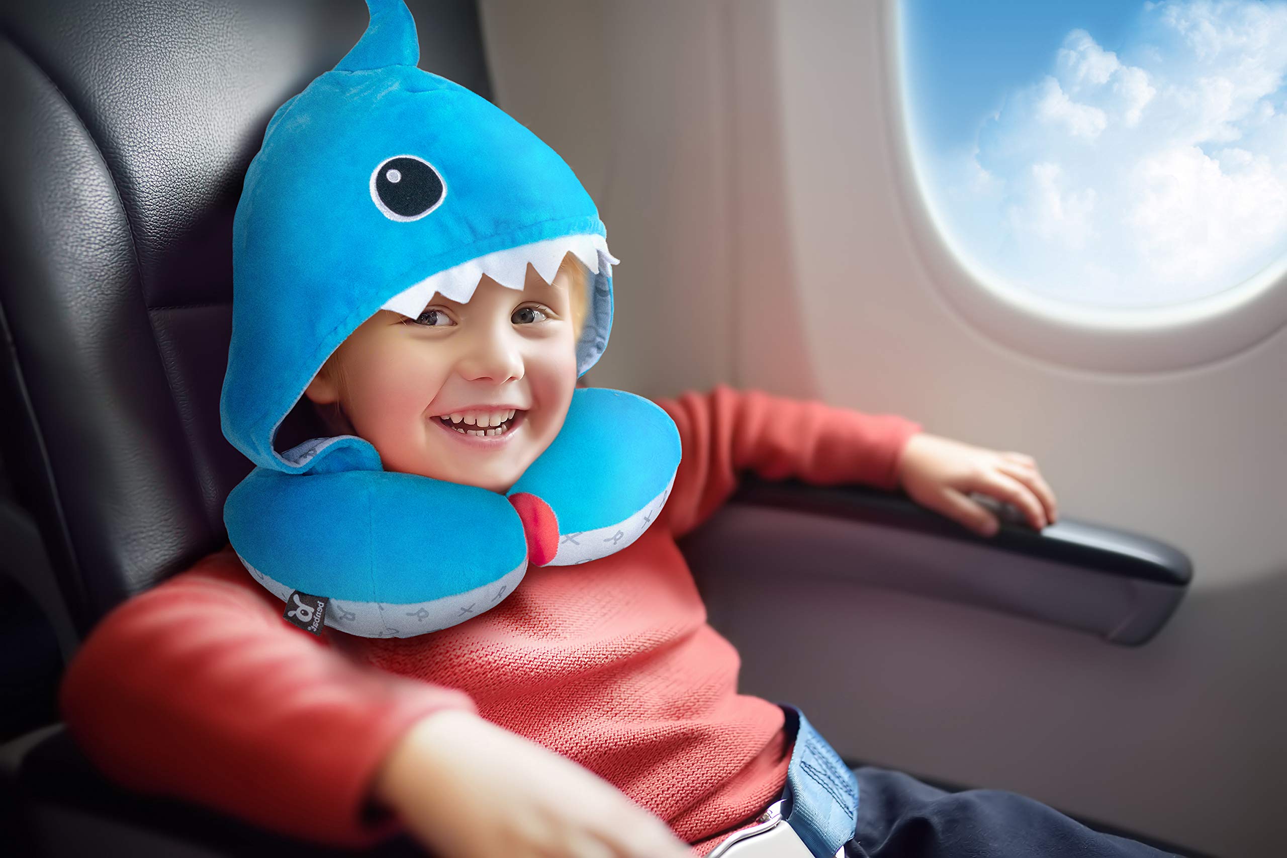 BENBAT Hooded Travel Pillow Neck Support β Soft, Polyester Total Car Seat Head Support for Children 4+ with Magnetic Closure and Ponytail Hole β Machine-Washable Travel Essentials (Shark)