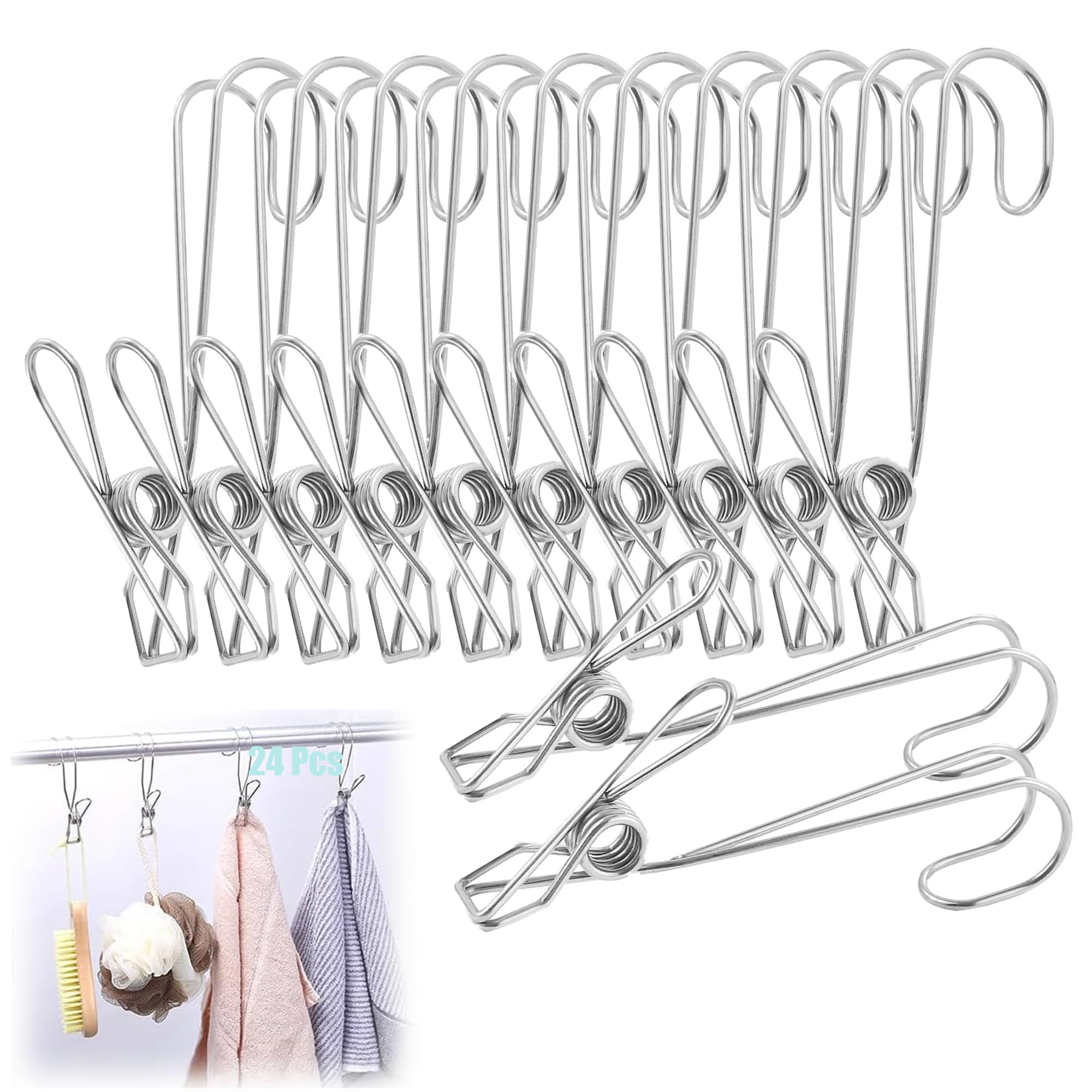 24Pcs Stainless Steel Metal Long Tail Clip with Hooks,Clips for Hanging- Ideal for Closet, Kitchen, Bathroom - Hang Photos, Cards, Stockings - Rust-304 Stainless Steel Clothes Pins