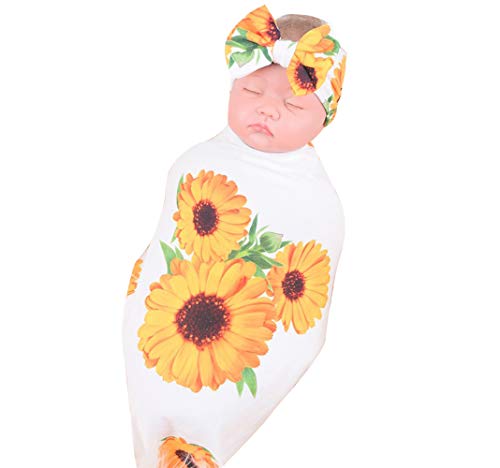 Thorn Tree Newborn Baby Girl Receiving Blankets Infant Baby Sunflower Swaddling+Bowknot Headbands 2Pcs for Cute Baby (0-3 Months,White Baby Wrap Blanket)