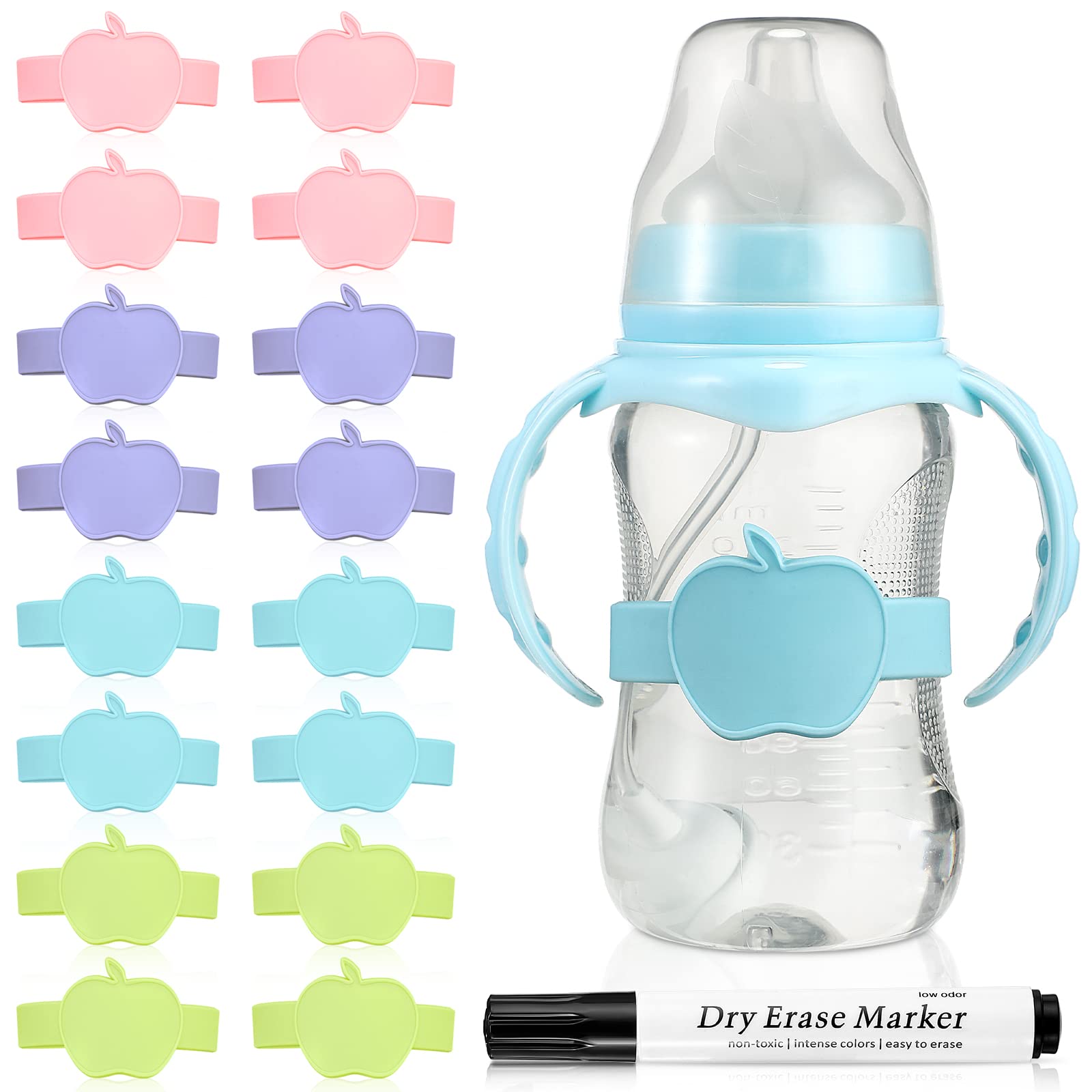 16 Pcs Baby Bottle Labels for Daycare Labels Reusable Waterproof Silicone Water Bottle Name Bands Writable Multi Color Baby Bottle Name Labels Tags Essentials with Dry Erase Marker, 4 Colors