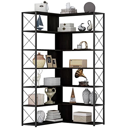 7 Shelf Corner Bookshelf, L Shape Book Shelf Corner Bookcase, Vintage Industrial Shelf Etagere Bookcase with Open Storage, 7-Tier Bookshelves Storage Rack with Metal Frame for Home Office (Black)