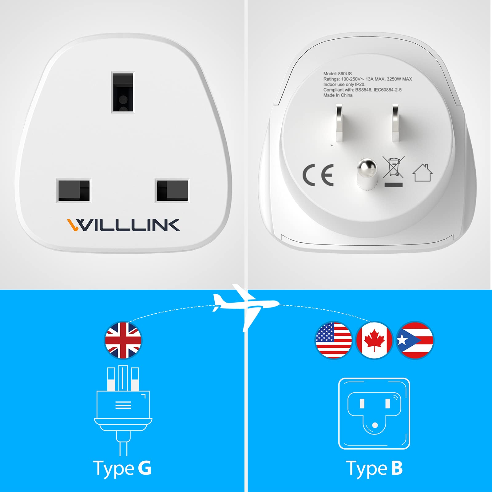 UK to US Plug Adapter [2pack], United Kingdom Plug to America Converter, Convert Type G Plugs from Britain Singapore HK Qatar Saudi UAE Ireland to USA Type B (White)