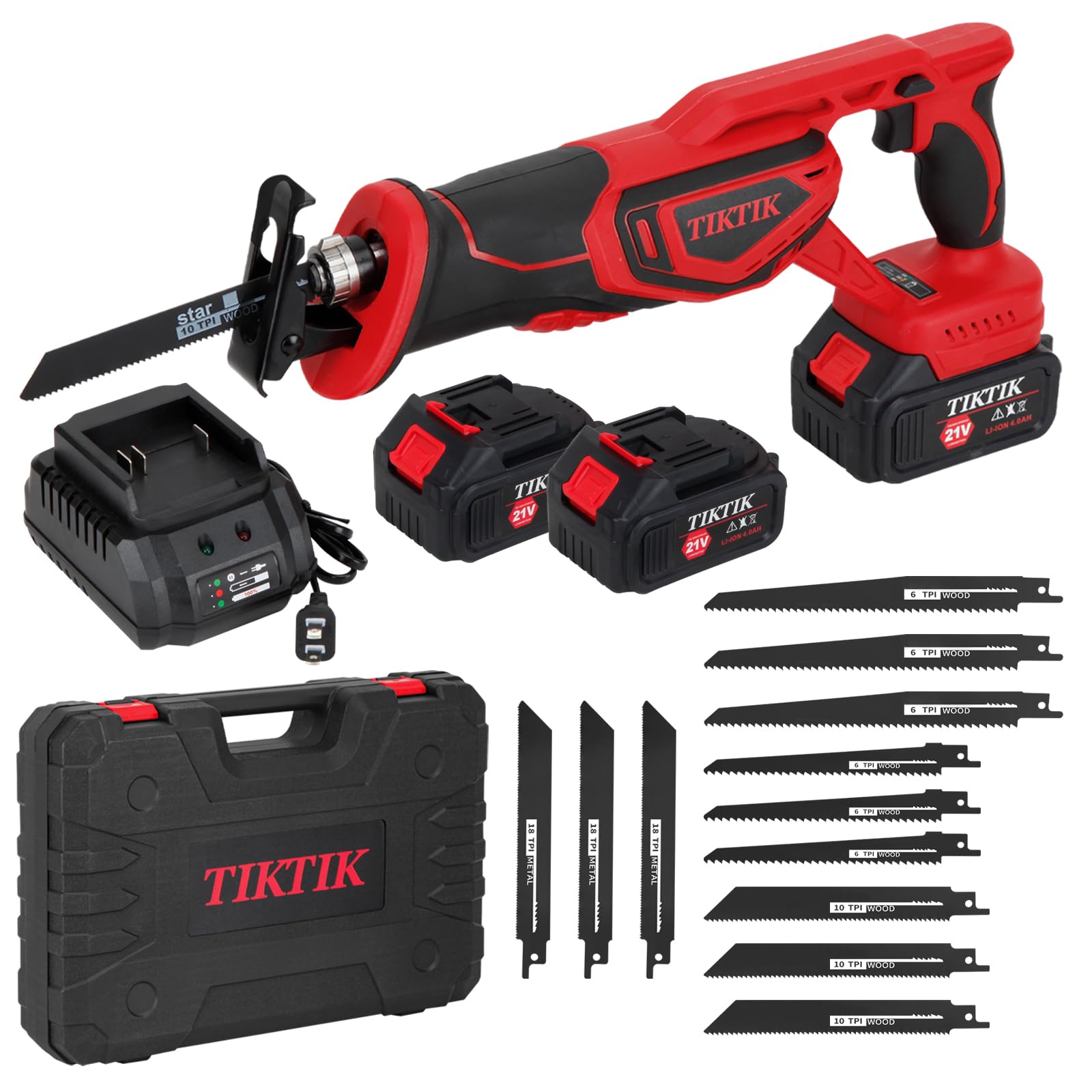 TIKTIK Reciprocating Saw Cordless,0-3500 SPM Portable Reciprocating Saw with 2 x 4.0Ah Battery,12 Saw Blades,Tool-free Blade Change,21V Brushless Power Reciprocating Saws for Wood/Metal/PVC