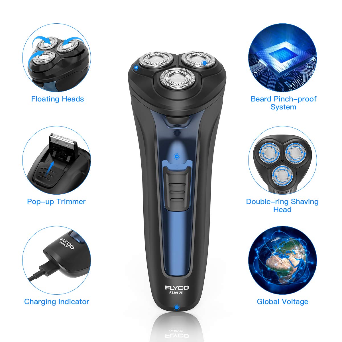Electric Razor for Men, FLYCO Rechargeable Rotary Shaver, Waterproof IPX7, Wet & Dry Shaving Machines for Men with Pop-up Trimmer