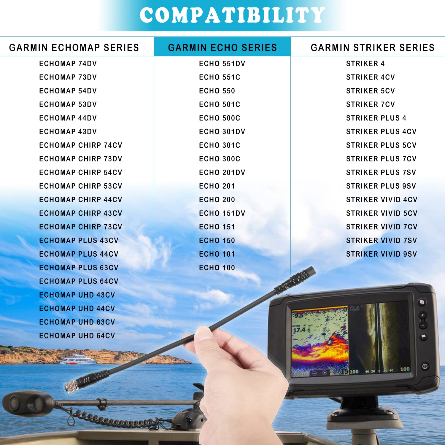 1852072 MKR-US2-12 Universal Sonar 2 Adapter Cable Compatible with Garmin Echo, echoMAP, Striker Series Fishfinder