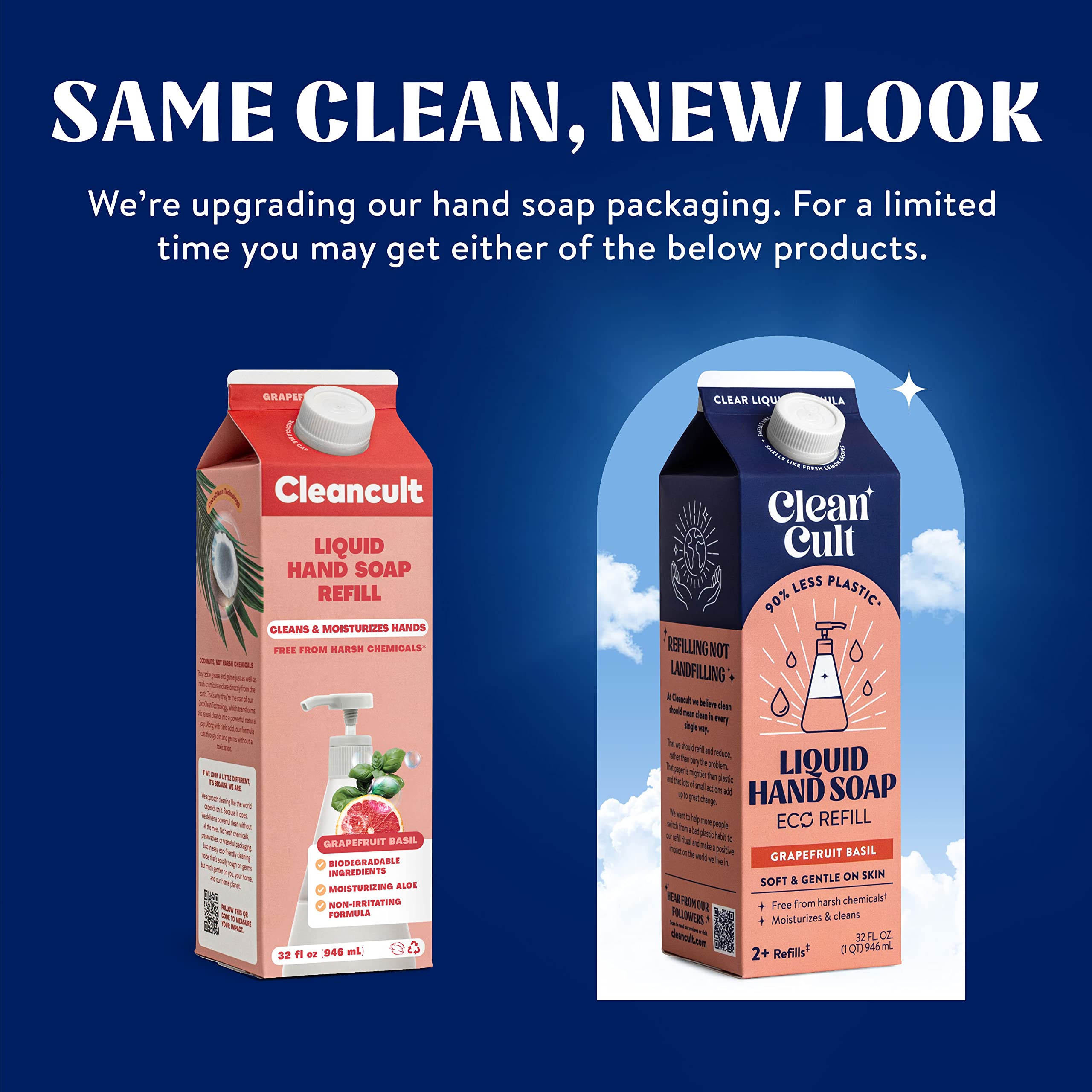 Cleancult Liquid Hand Soap Refills (32oz, 3 Pack) - Nourishes & Moisturizes - Free of Harsh Chemicals - Paper Based Eco Refill, Uses 90% Less Plastic - Grapefruit Basil