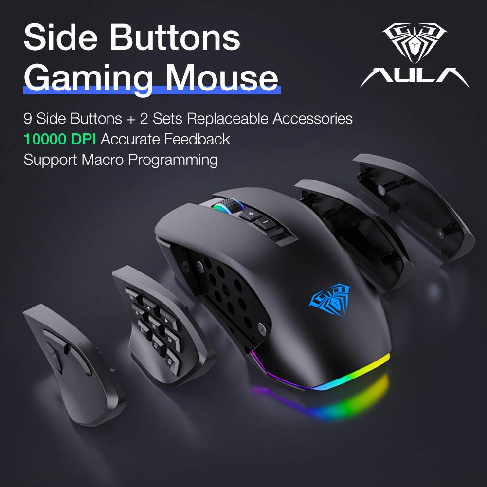 AULA H510 MMO Gaming Mouse, with Backlit RGB LED, 14 Buttons Programmable, 10,000 DPI, Ergonomic Optical Sensor USB Wired Computer Mice for FPS/MOBA Games, Black