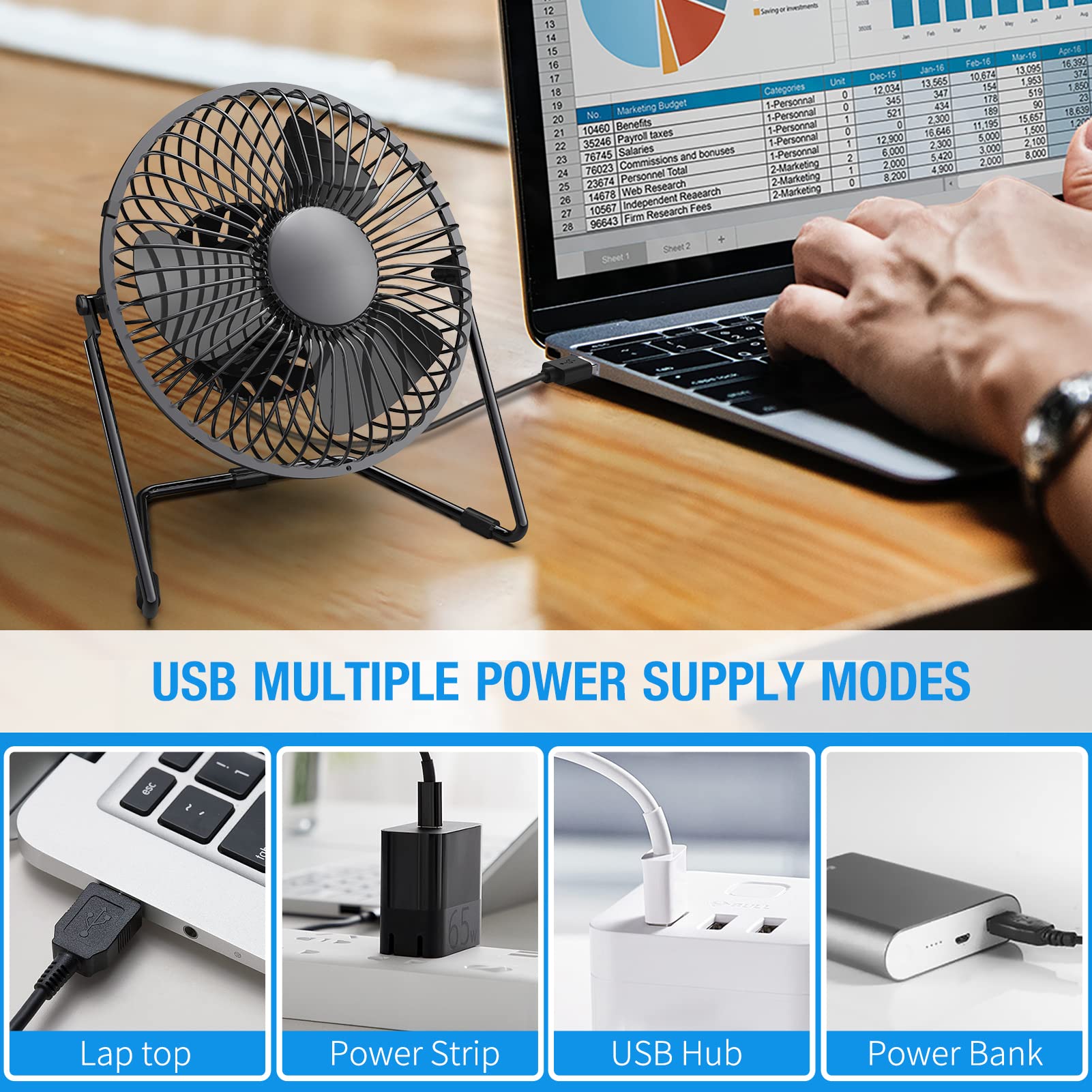 ALPIAZ 5 inch USB Fan, Portable Small Desk Fan, Mini Personal Fan with Two Speed Settings, Super Quiet Table Fan, Metal Design, 360° Up and Down, Perfect for Home Office