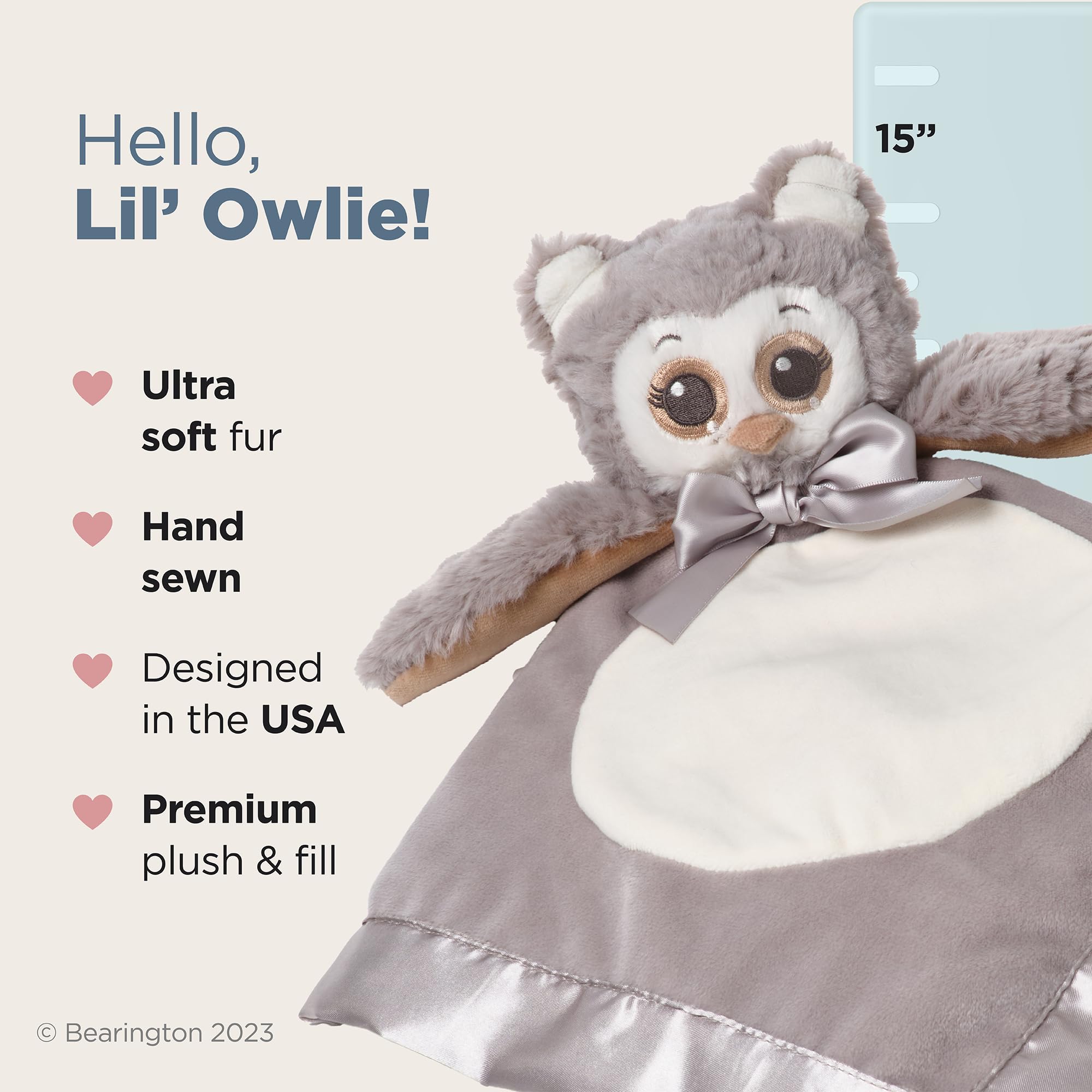 Bearington Baby Lil’ Owlie Snuggler, 15 Inch Gray Owl Plush Stuffed Animal Security Blanket Lovey for Babies