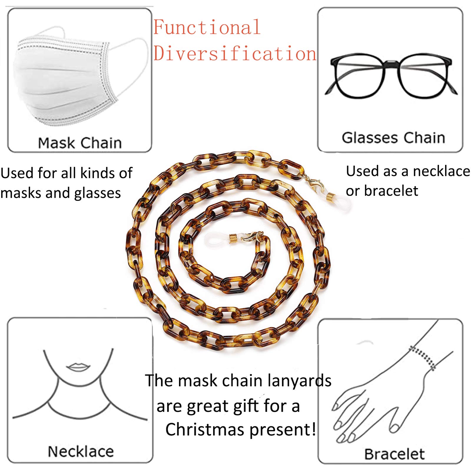 17KM 6 Pcs Sunglasses Chain Strap Holder for Women Black Acrylic Beaded Eyeglass Chain Lanyards with Clips Around Neck