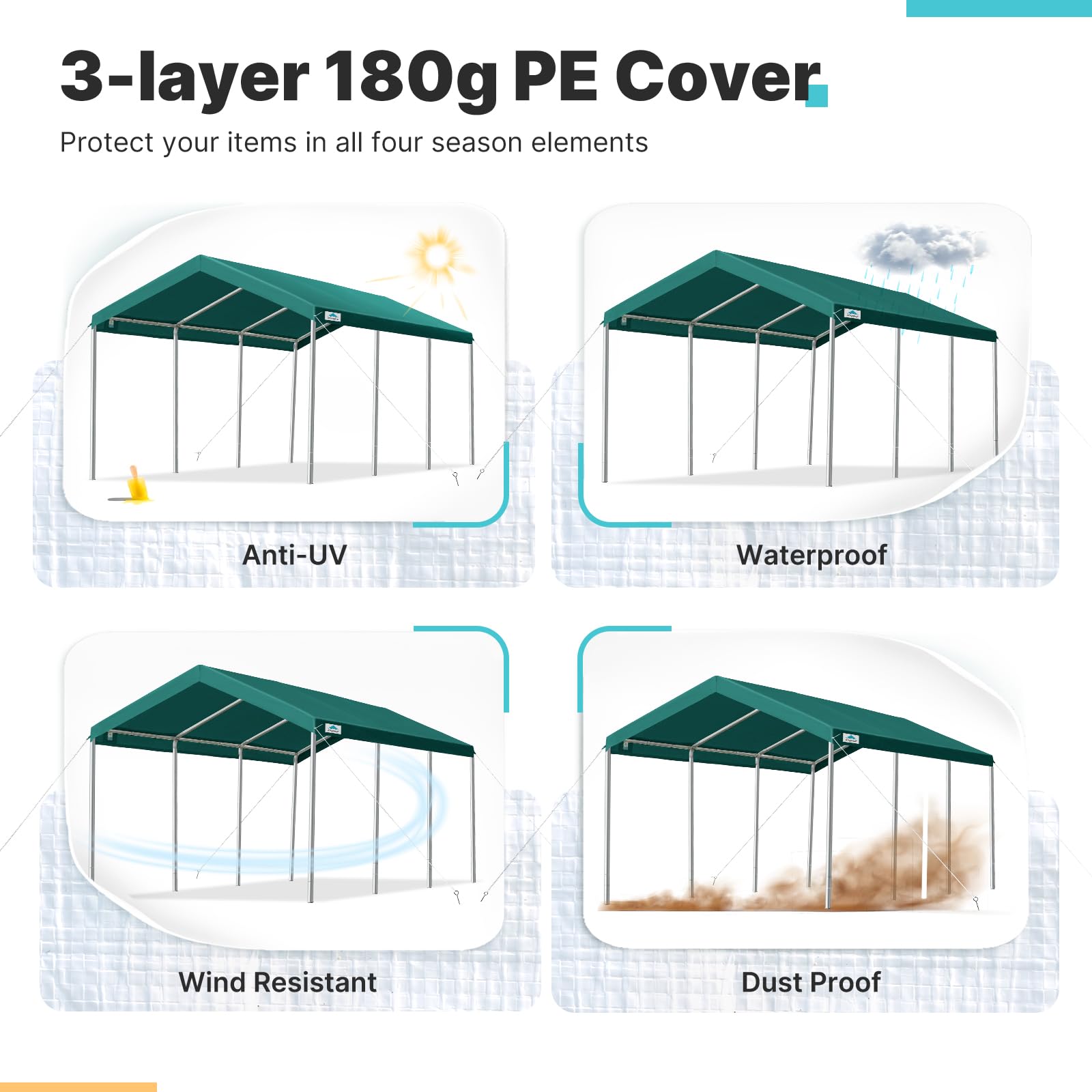 ADVANCE OUTDOOR 10x20 ft Heavy Duty Carport Potable Car Canopy Garage Party Tent Boat Shelter, Adjustable Height from 9.5 ft to 11 ft, Green