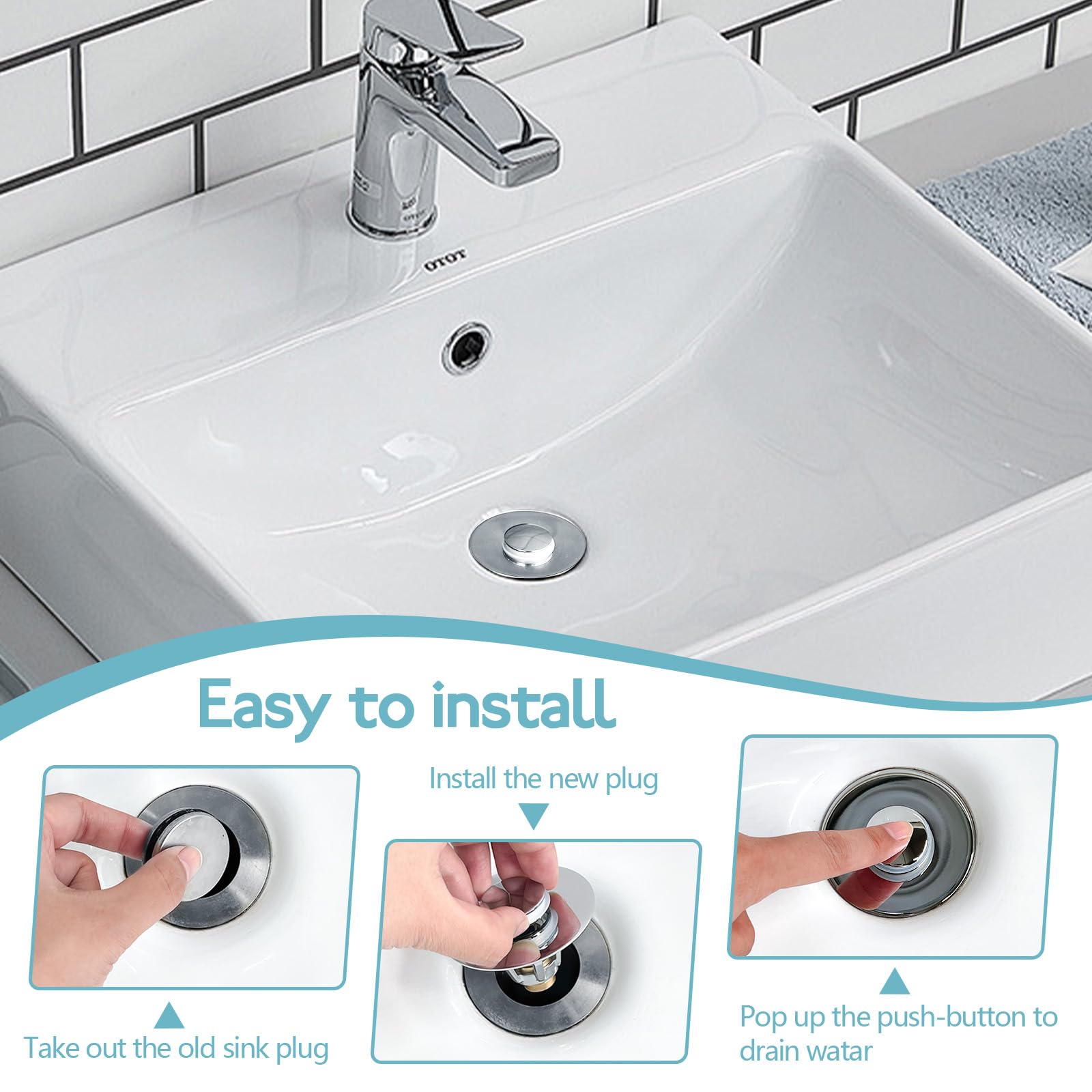 MEIUOAE Bathroom Sink Stopper,pop up Sink Drain Stopper,Bounce Washbasin Sink Stopper, for 1.1~1.5 in Drain Holes, Wash Basin Drain Filter ,Bathroom Sink Drain Stopper (Silver)
