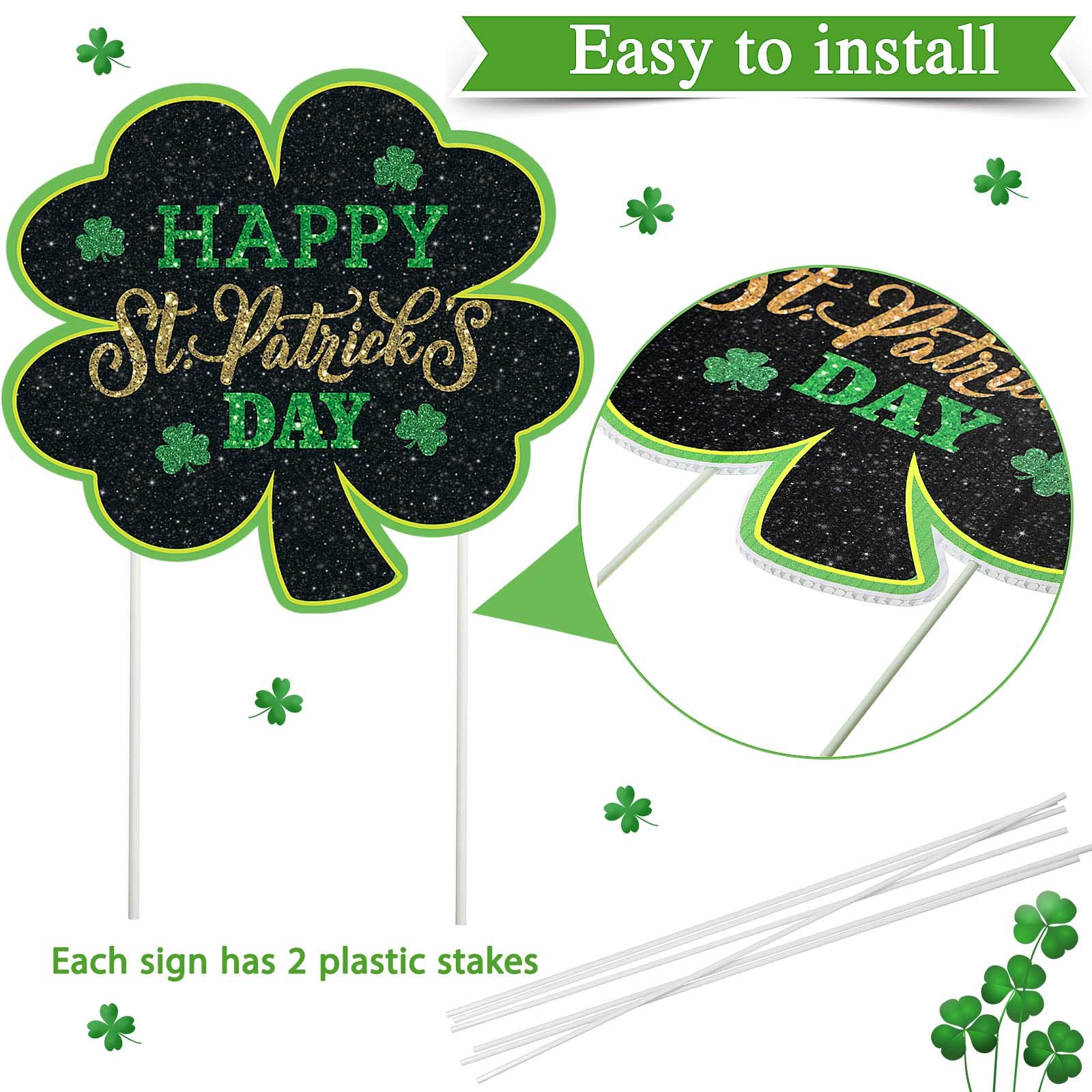 3 Pieces St. Patrick's Day Yard Signs with Stakes, St. Patrick's Day Clover Signs Outdoor Lawn Decorations Irish Leprechaun Horseshoe Shamrock with Happy St Patrick's Day Sign with Stakes
