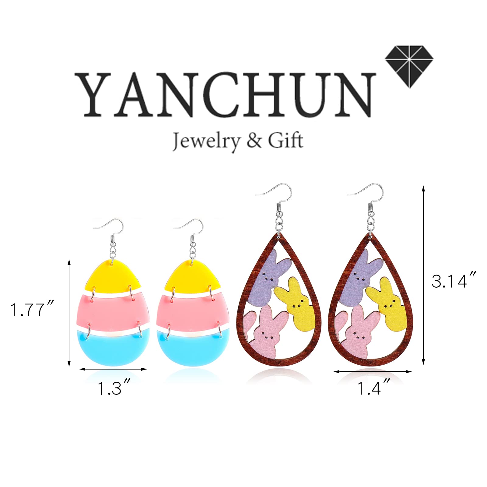 2 Pairs Easter Dangle Earrings for Womens Wooden Easter Bunny Earrings Colorful Easter Egg Dangle Drop Earrings Easter Rabbit Earrings Holiday Earrings Easter Jewelry（2）