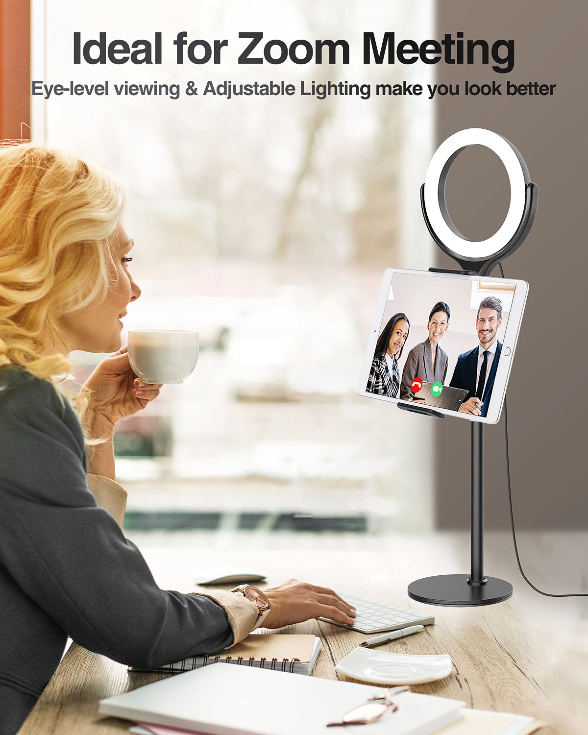 Elitehood iPad Stand with Ring Light for Online Video Conference, 3 Colors & 10 Brightness Computer Ring Light, Adjustable Desktop iPad Holder Stand for iPad Pro 12.9 11 Air Mini and 4-13’’ Tablet