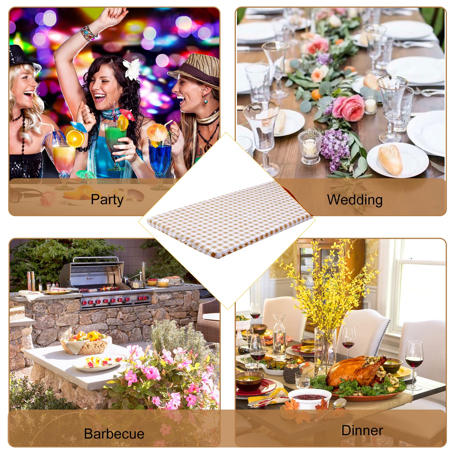 6ft Rectangle Elastic Fitted Tablecloth, Waterproof Spill-Proof Edged Vinyl Table Cover Khaki Checkered Printed with Flannel Baking, Easy to Wipe Off Stains, Great for Picnic Party Outdoor Patio