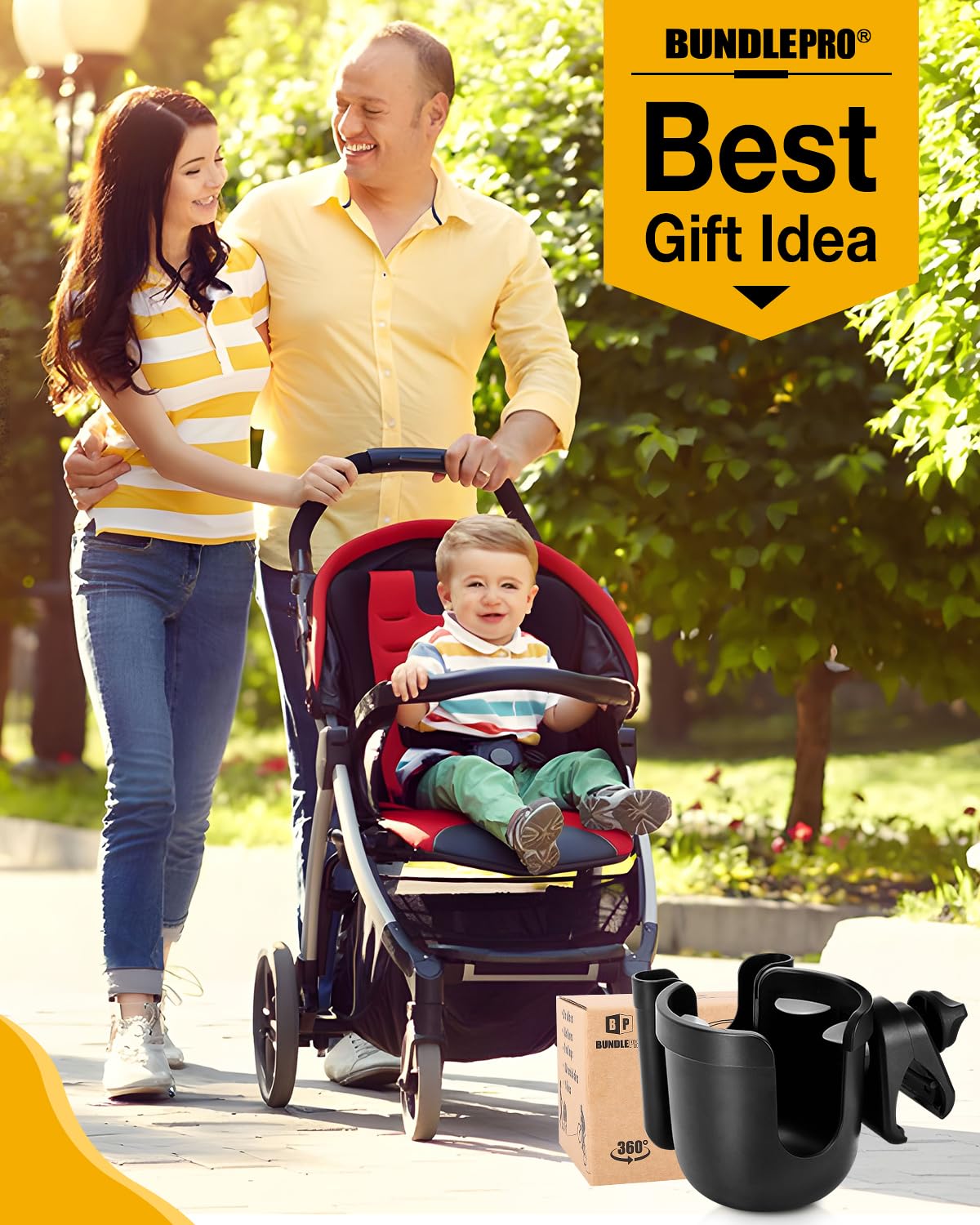 Universal Stroller Cup Holder with Mobile Phone Case, 2-in-1 Strollers Storage Rack, 360 Degrees Rotation Drink Holder for Bike, Pushchair, Wheelchair, Walker,Bicycle, Fits Most Cups