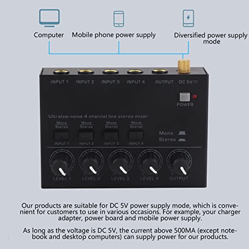 4 Channel Audio Mixer, Low Noise 4 Channel Studio Headphone Amplifier for Studio (US Plug)