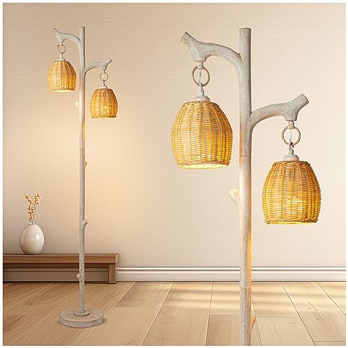 65" High Farmhouse Rustic Country Cottage Floor Lamp Tree Trunk Faux Wood Column White Washed Wicker Drum Shade Decor for Living Room Bedroom Reading Room