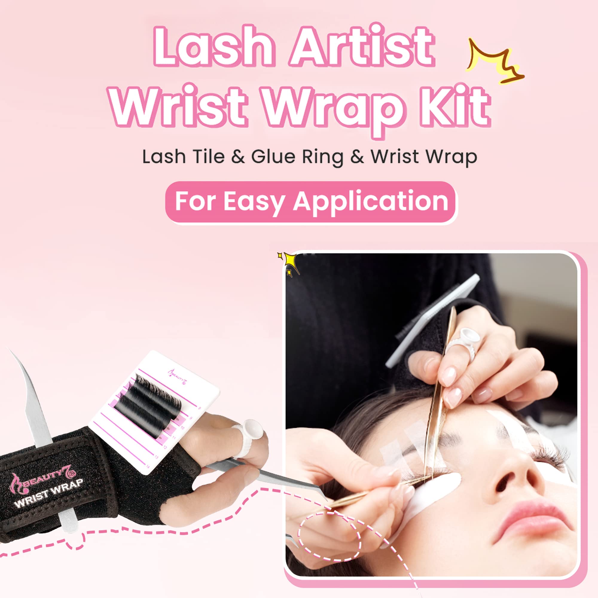 Beauty7 Eyelash Extension Holder Plate Pallet Stand Base Tray With Hand Wrist Wrap Tool Strip Glue Ring Kit For Professional Individual False Lashes (Wrist Wrap,Glue Ring,2x Pallet,3M Loop Tape)