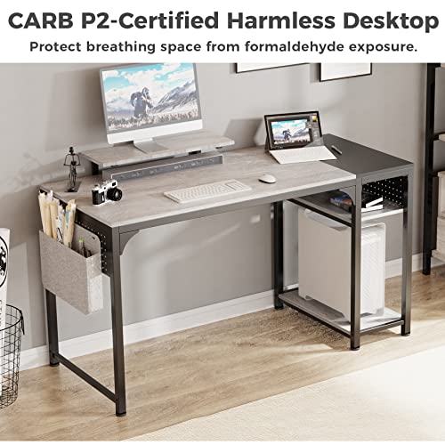 55 Inch Oak Grey Home Office Computer Desk with Monitor Stand Storage Shelves, Work Study Writing PC Gaming Table Large Workstation with Sturdy Black Metal Frame Dual Pegboard Organizers & Accessories