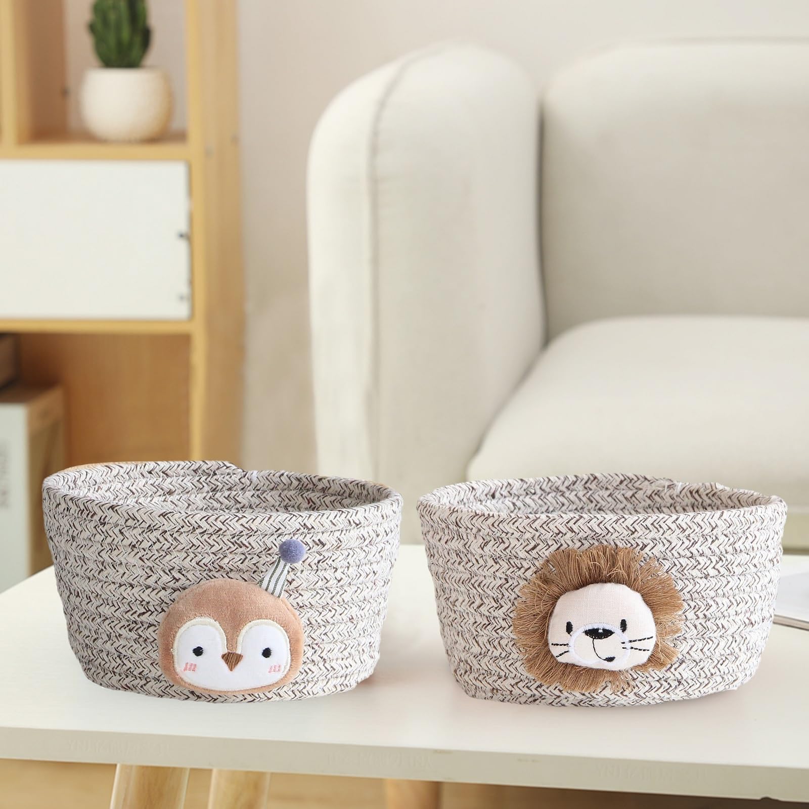 2 Pcs Small Woven Basket Mini Cotton Rope Storage Basket Rabbit Lion Toy Basket Cute Mini Tiny Storage Baskets for Nursery Room Bedroom Living Room Organizing