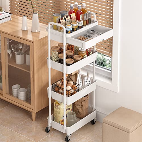 Dttwacoyh 4-Tier Rolling Cart,Trolley with Drawer, Kitchen Storage Organizer with Plastic Shelf & Metal Wheels, Storage Cart for Living Room, Kitchen, Office, Bathroom, White