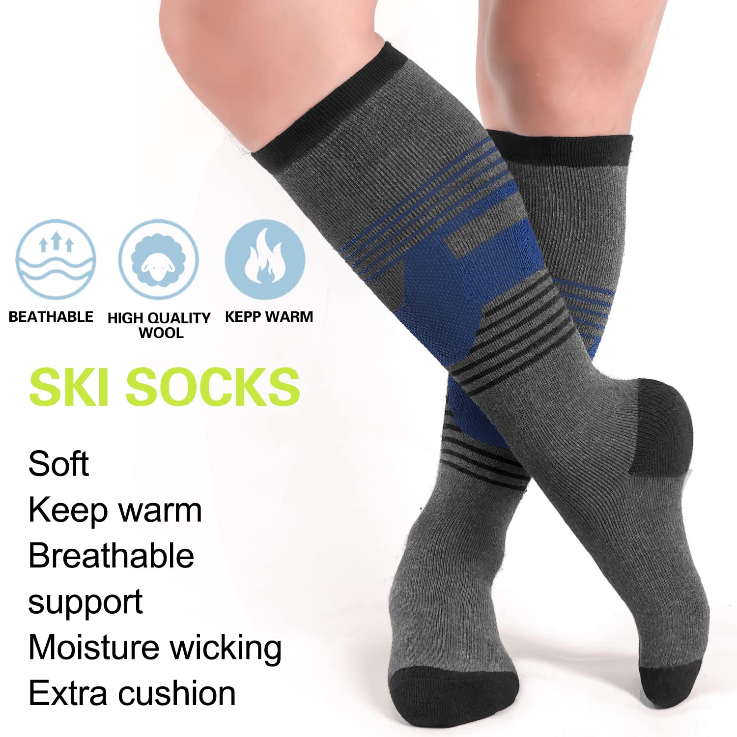 2 Pairs Ski Socks Womens Mens, Cold Weather Socks for Skiing, Snowboarding, Winter Warm Knee High Socks (02 Assorted 2 Pairs, Large)