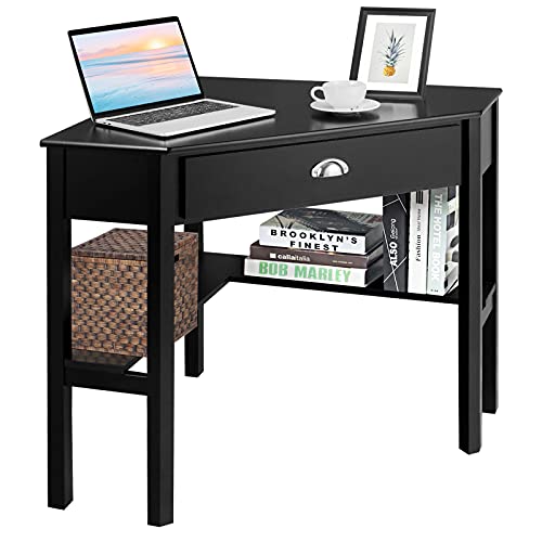 Nightcore Corner Desk for Small Space, Wood Corner Computer Desk, Compact Writing Table w/Drawer & Storage Shelves, Space Saving Study Workstation, Laptop PC Corner Table for Home Office