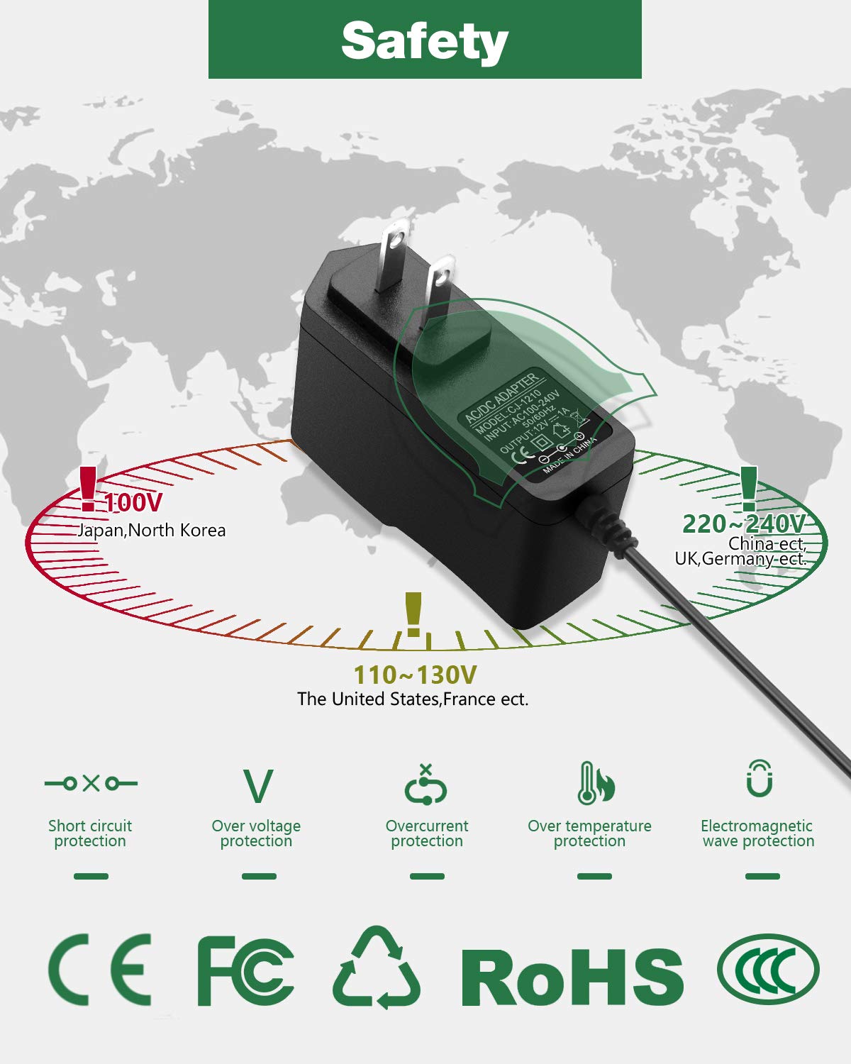JOVNO 12V 1A Power Supply, 100-240V AC to DC 12volt 1amp 12W Adapter 700mA 500mA 400mA Power Cord with 5.5x2.5mm Tip for LED Light Strips, Security Camera System, CCTV, Routers, Speakers