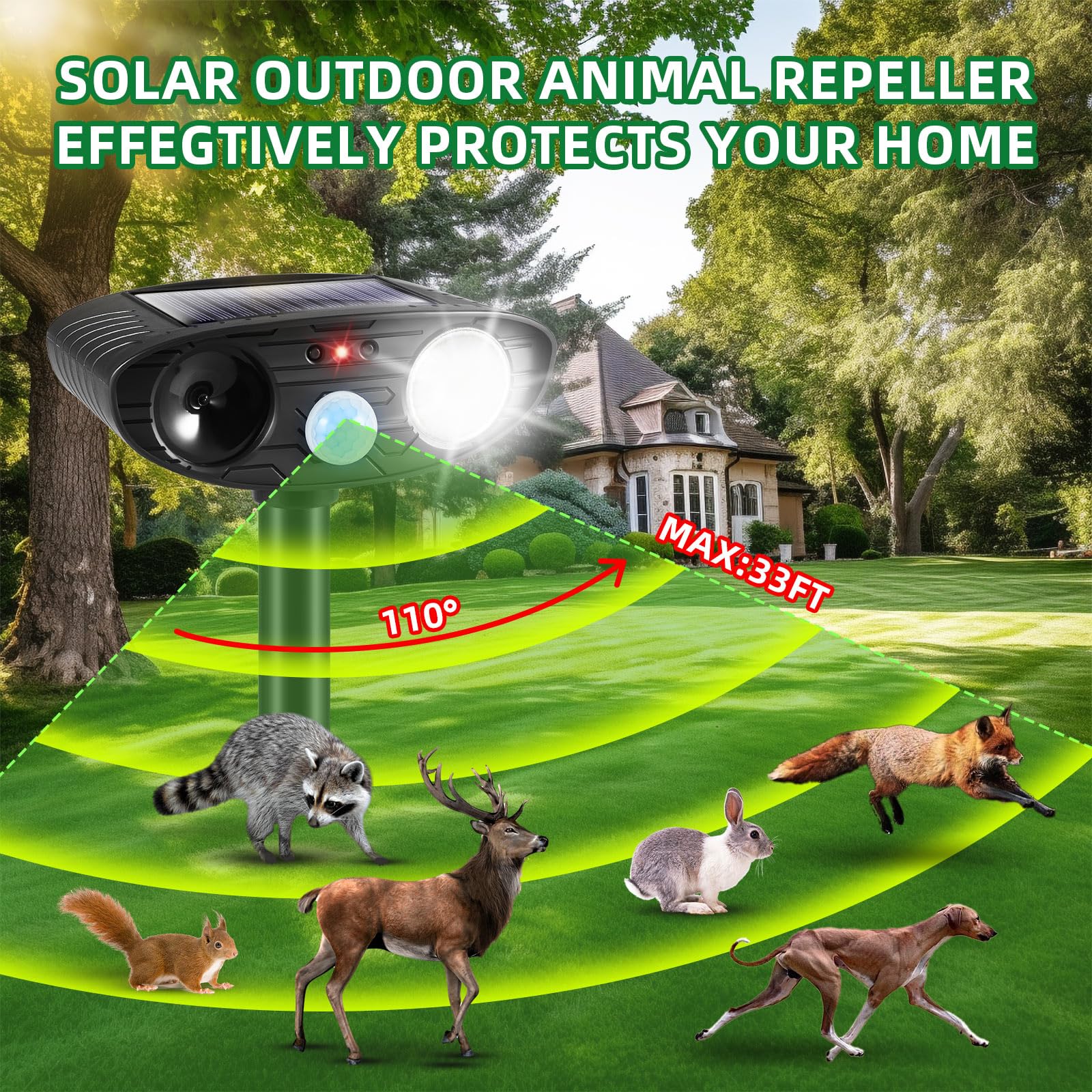 2Pcs Ultrasonic Animal Repellent Outdoor Solar Animal Repeller with Motion Sensor&LED Strobe Light Cat Deterrent to Scare Cat Deer Squirrel Dog Bird Raccoon Rabbit Skunk Repellent for Yard