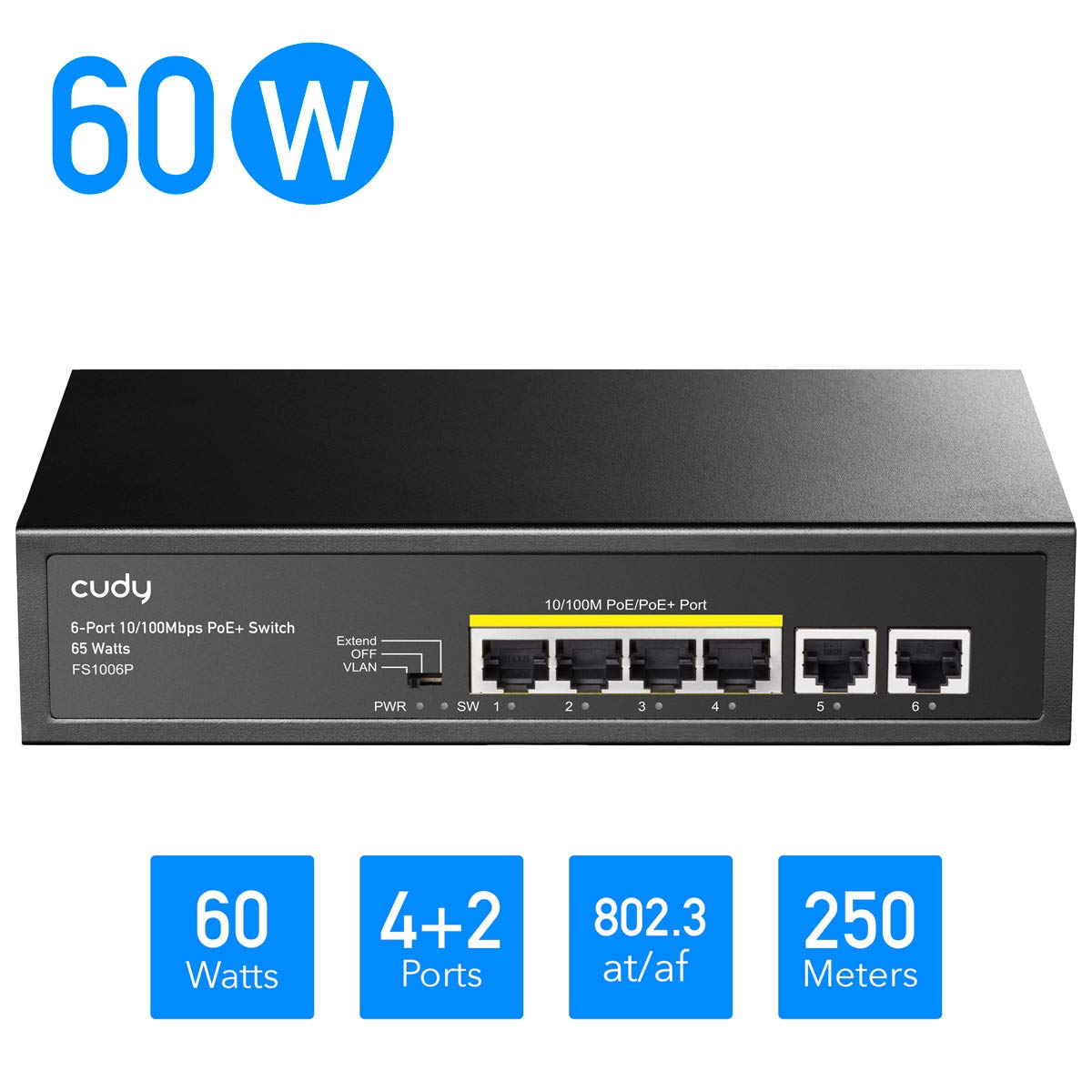 Cudy FS1006P 6-Port 10/100M PoE Switch 60W, 4 PoE Ports, CCTV Mode (Transmit Distance to 250m at 10Mbps), PD Detection,Fan-Less, Steel Case, Desktop and Wall-Mount, 802.3at / 802.3af