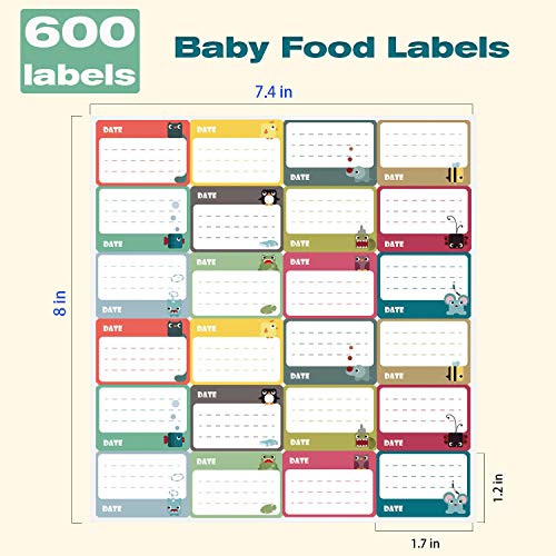 600Pcs Daycare Labels, Removable Write On Baby Food and Bottle Date Labels for Day Care, 12 Animal Designs Cute Stickers, 1.7 x 1.2 Inches