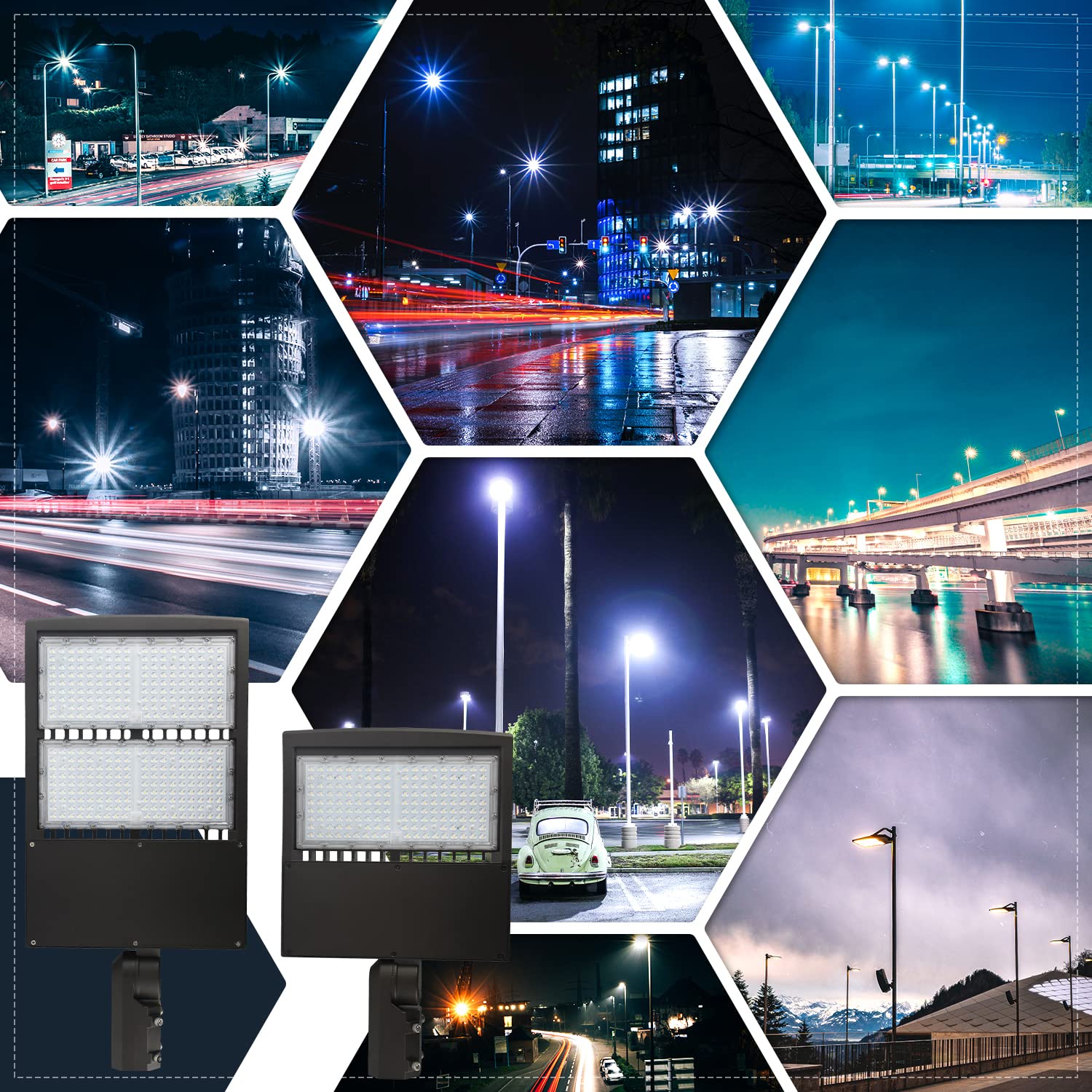 300W LED Parking Lot Light with Dusk to Dawn Photocell 42000 LM 5000K 1-10V Dimmable LED Shoebox Area Light (1000W HID/HPS Equivalent), Yoke Mount 100-277V AC IP65, UL&DLC Listed