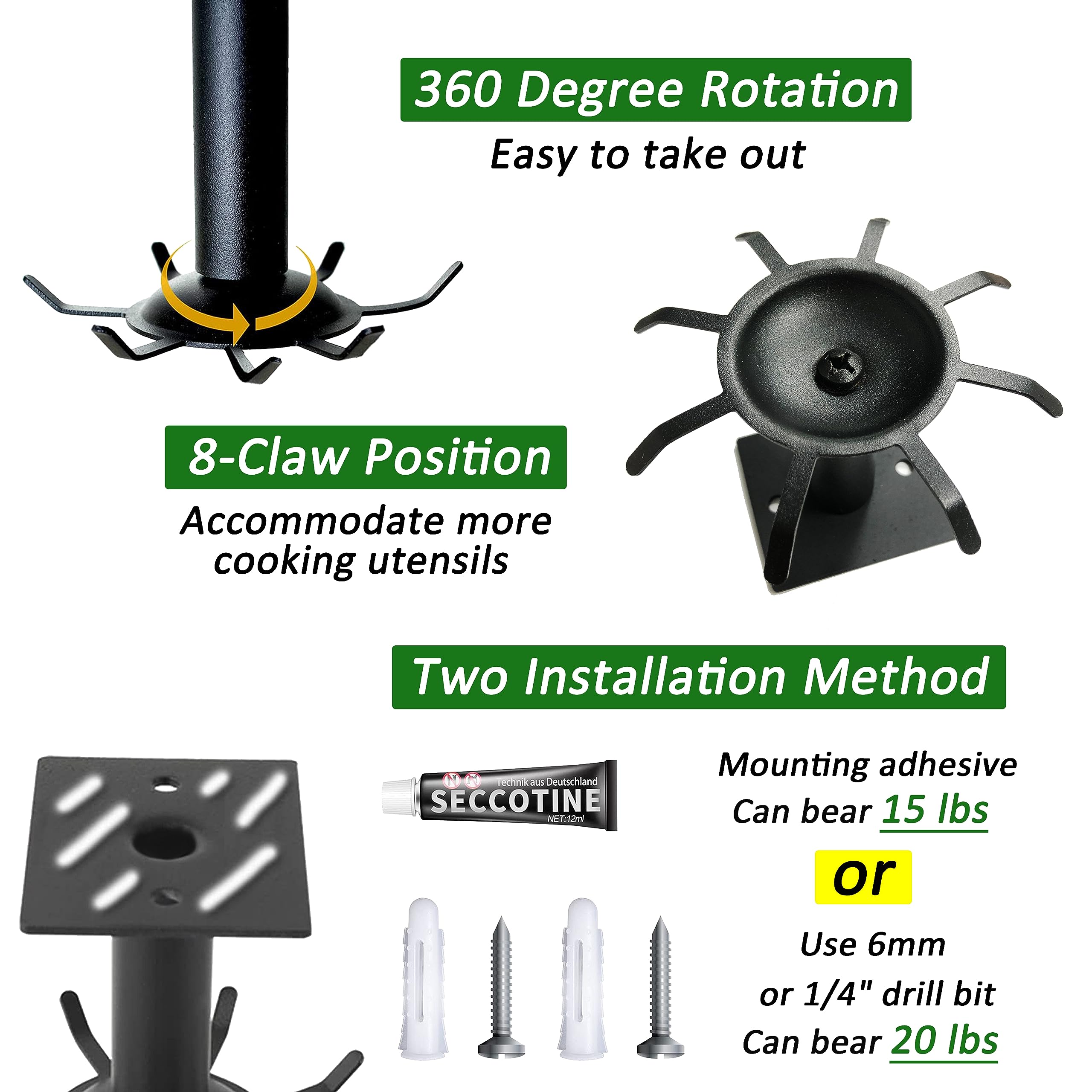 2PCS Utensil Under Cabinet Holder, Takemay 360° Rotating Stainless Steel Kitchen Utensil Holder with 8 Hooks,Top and Wall Mounted Utensil Hanger Rack for Hanging Utensils, Knives, Mugs, Spatulas, Pots