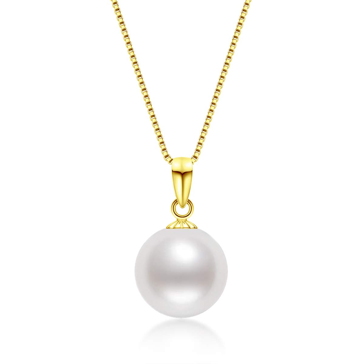 18K Gold Freshwater Cultured White Pearl June Birthstone Necklace 9-10mm Single Pearl Pendant with Sterling Silver Chain, Pearl Jewelry Gifts for Women Mom friend - Yellow Gold