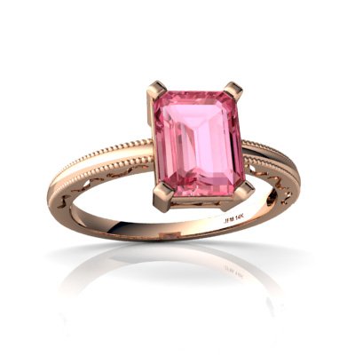 14kt Rose Gold Lab Pink Sapphire 8x6mm Emerald_Cut Milgrain Scroll Ring - Size 5.5