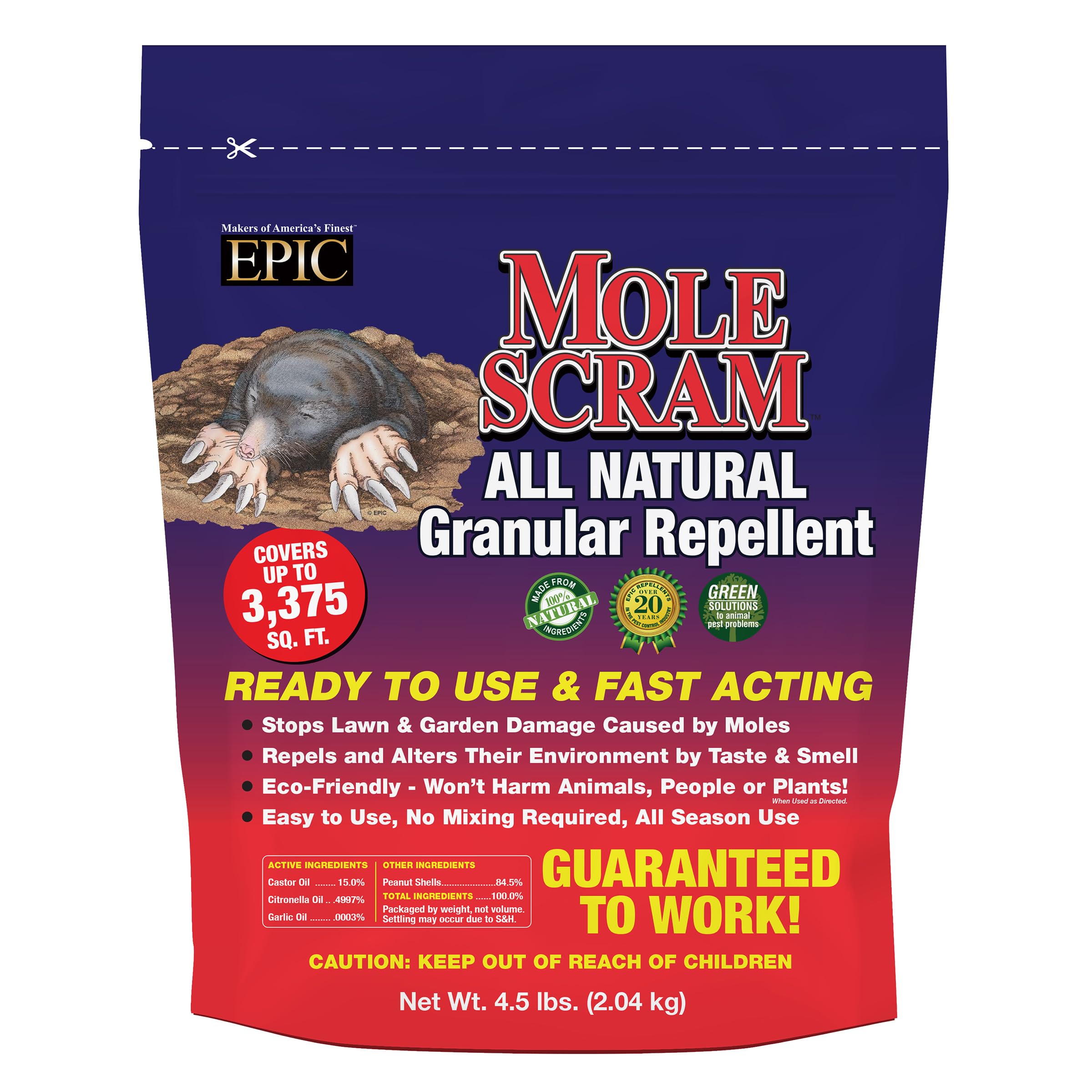 EPIC REPELLENTS Mole Scram All Natural Granular Repellent - All-Natural, Animal, People and Pet Safe Granule from (4.5 lb Bag)