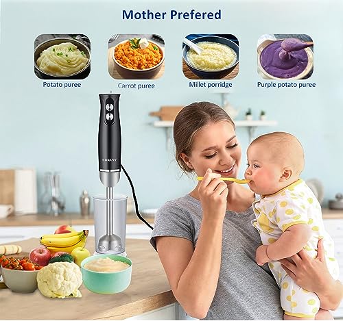 4 in1 Immersion Blender Handheld 304 Stainless Steel Blades, 5 Speed & 3-Angle Adjustable Chopper Beaker Whisk and Beater for Milkshakes Smoothies Soup Baby Food