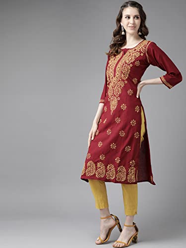 Ada Hand Embroidered Indian Traditional Chikan Women's Cotton Kurti Kurta Tunic Dress A188266 (XL, Maroon)