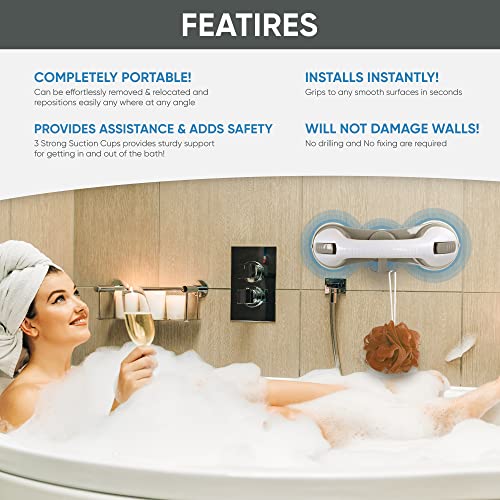 3 Suction Cup Grab Bars for Bathtubs and Showers, Shower Handles for Elderly Suction, Bathroom Accessories for Shower Chair, Grab Bars for Elderly for Wall, Handicap Grab Bars for Senior (2pack)