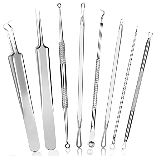 Fluco Blackhead Remover Pimple Popper Tool Kit, 8pcs Blackhead Comedone Extractor Tool for Nose Face, Blemish Whitehead Extraction Popping, Stainless Silver