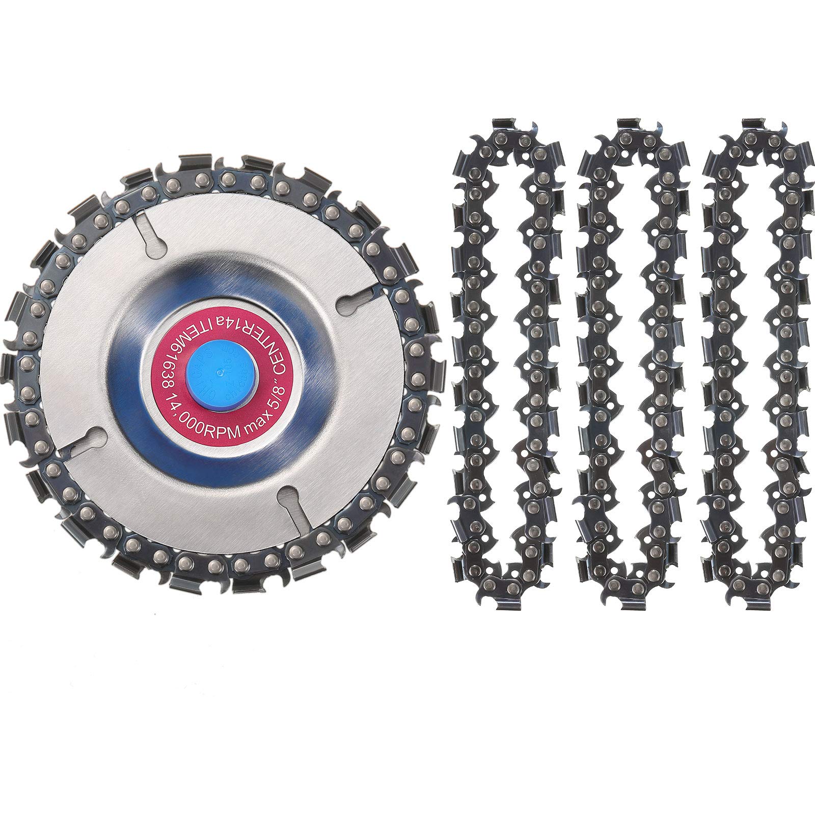 4 Pieces 5/8 Inch Wood Carving Chain Disc, 4 Inch 22 Teeth Saw Blade with 3 Pieces Replacement Circlets for Grinder Chain Disc Grinding Shaping Attachment Circular Chainsaw Wheel (Pink Center)