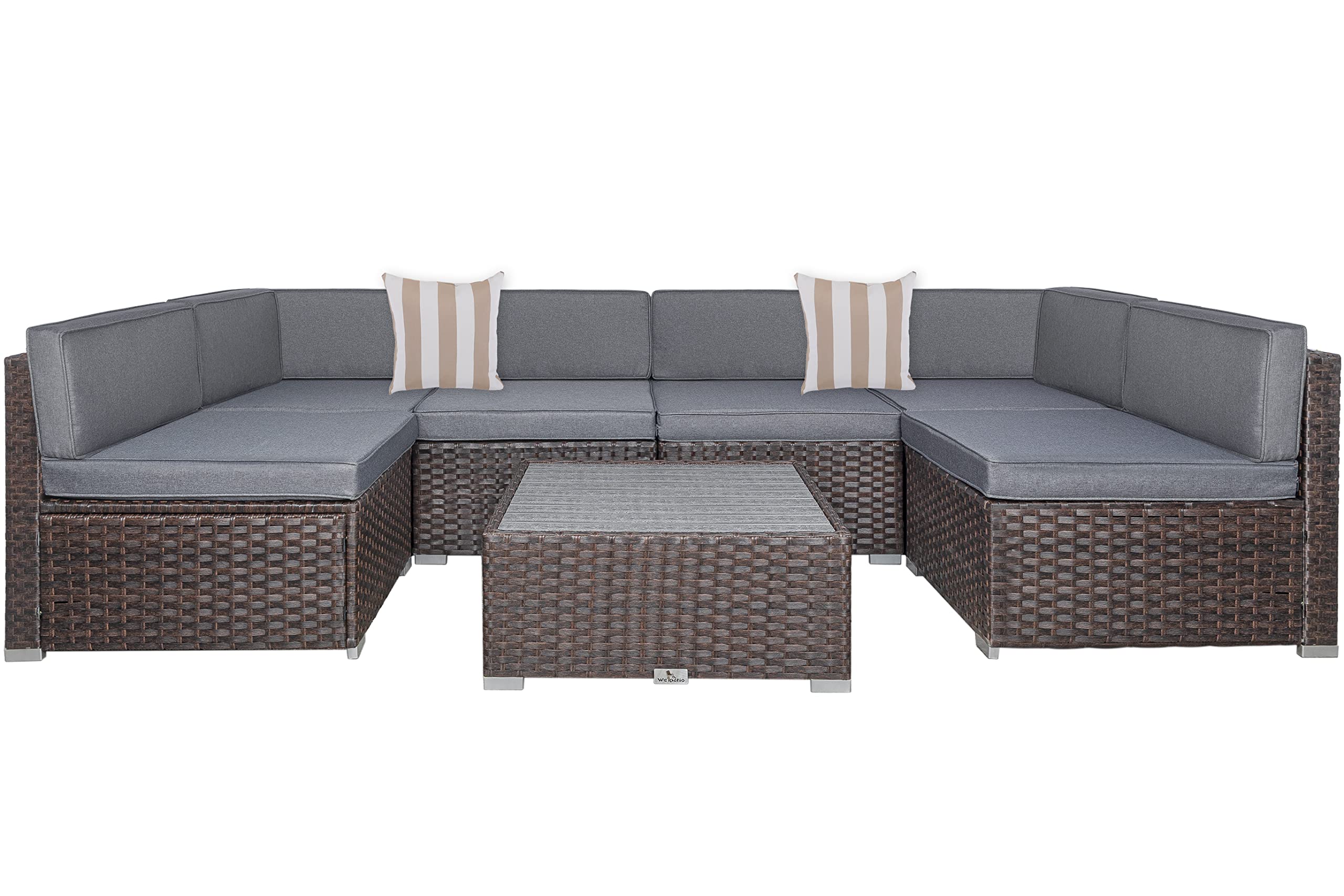 7 Piece Outdoor Patio Furniture Set with Cushions, PE Rattan Wicker Modular Outdoor Sectional L Shape Patio Conversation Sofa Set with Coffee Table, and Two Pillows (Dark Brown/Gray)