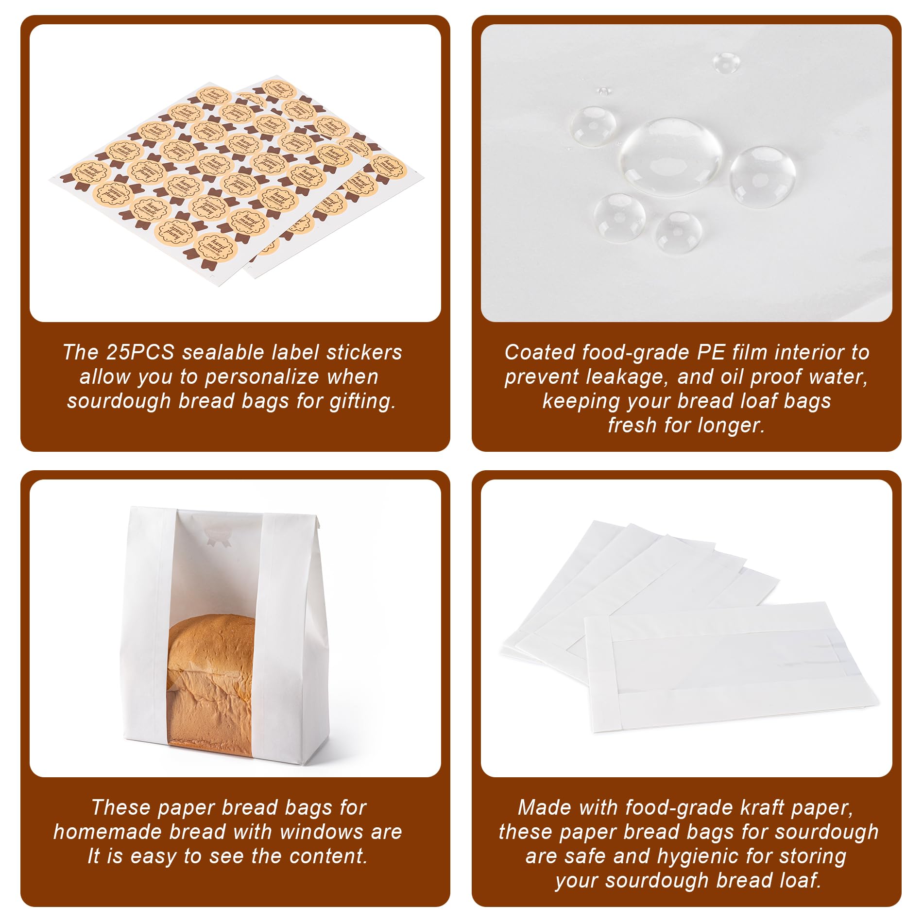 25PCS Paper Bread Bags-White, Sourdough Bread Bags for Homemade Bread, Large Bakery Bags with Window Includes 25PCS Label Seal Stickers for Homemade Bread Storage(13.7x8.3x3.5 inch)