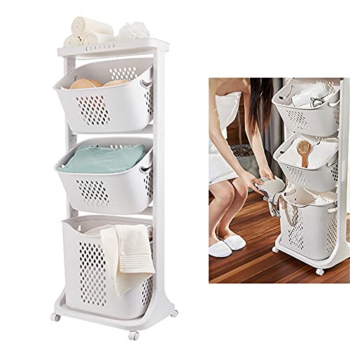 3 Tier Laundry Hamper Basket, Laundry Storage Basket Sorter Clothes Storage Organizer Shelf Rolling Cart 360° Rolling Laundry Storage Basket Dirty Clothes Organizer Shelves Beige