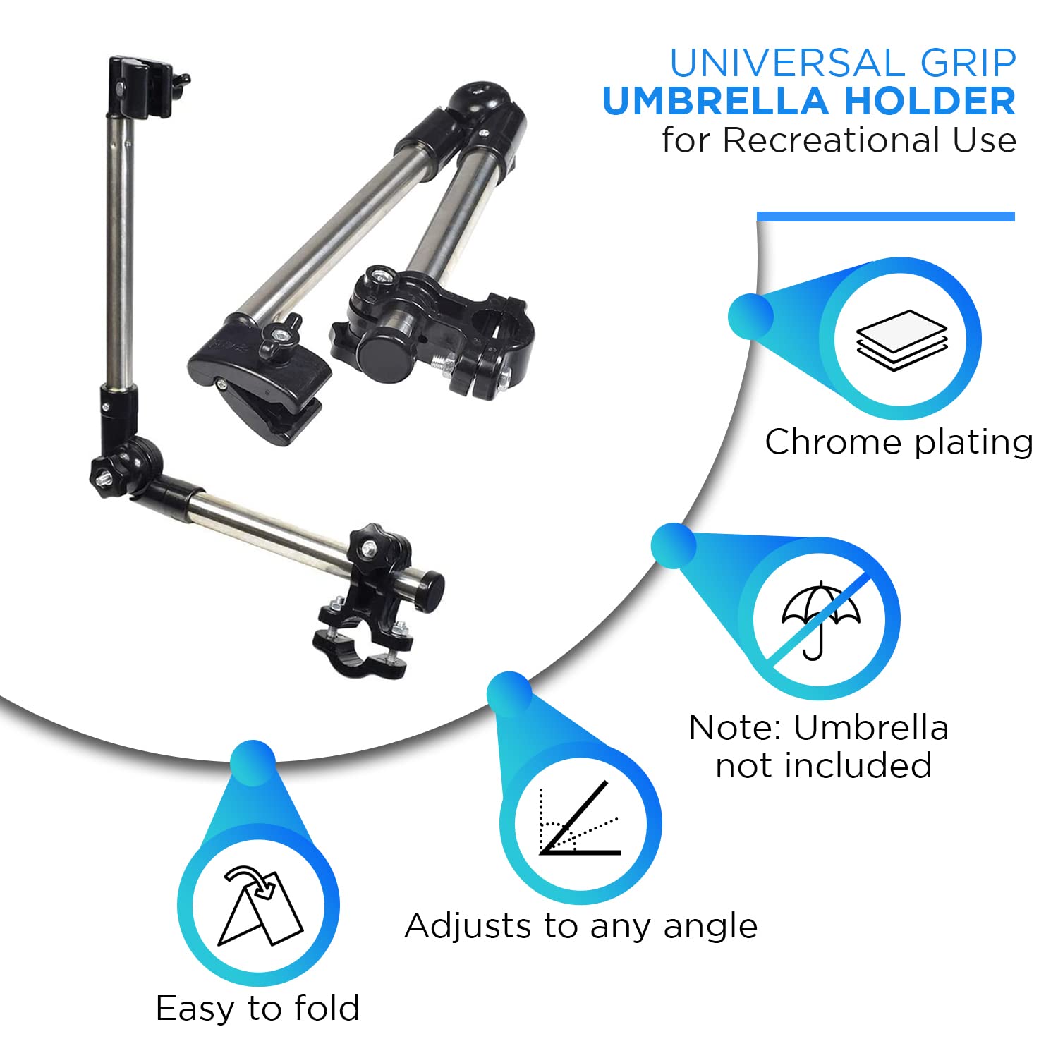 AlveyTech Universal Grip Umbrella Holder for Bike - 360° Angle Adjustable Attachment Clamp Mount Connector, for Bicycle Kick Scooter Baby Stroller Golf Cart Chair, use Beach Sport Sun Shade Outdoor